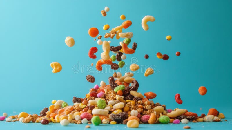 Colorful Trail Mix with Nuts and Candies on Blue Background Stock ...