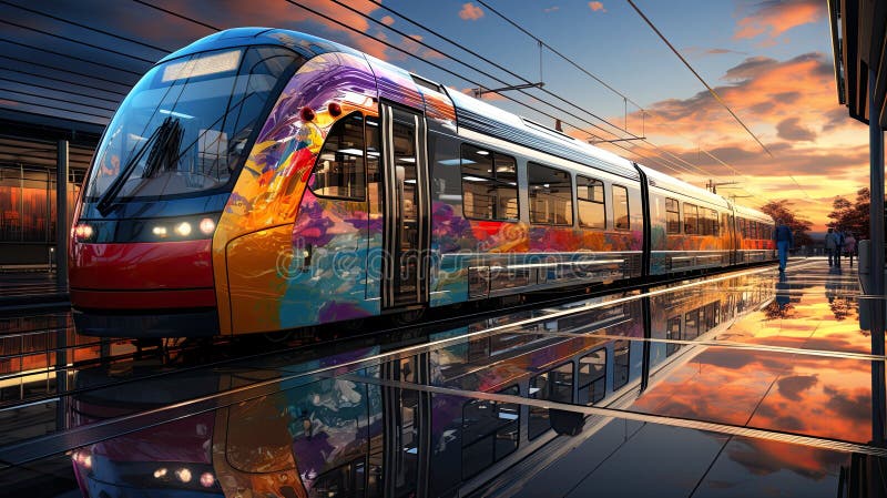 A Colorful Train is on the Tracks at Sunset. Generative AI Image. Stock ...