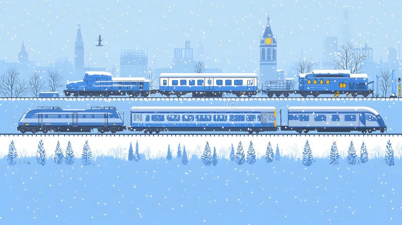 Colorful Trains Passing through a Snowy Landscape Stock Illustration ...