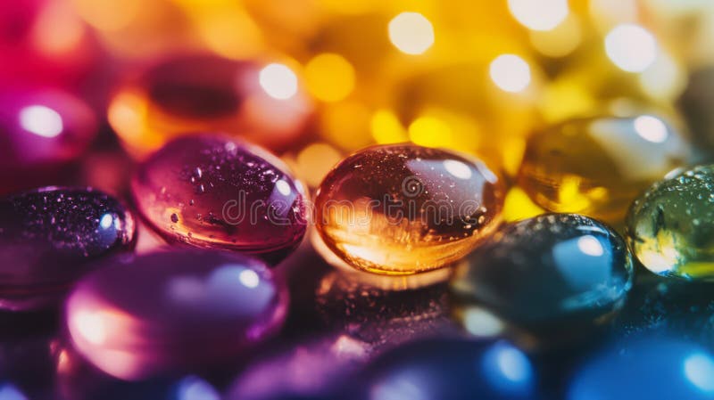 Colorful Translucent Beads Arranged on a Reflective Surface in Bright ...