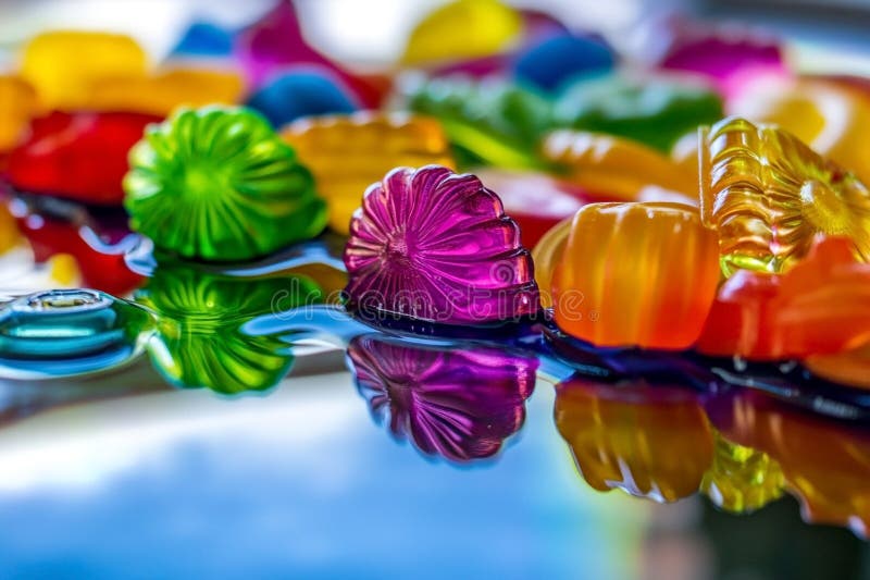 Colorful Translucent Candies with Vibrant Reflections on a Glossy ...