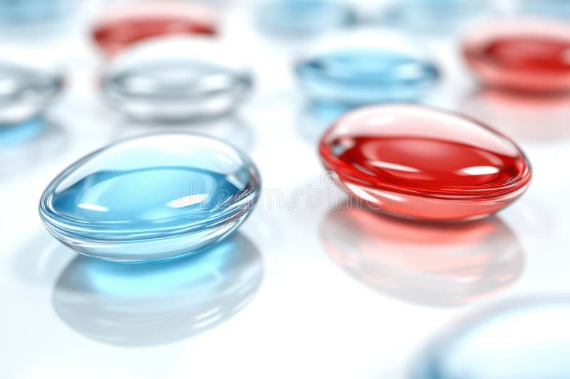 Colorful Translucent Capsules Gleaming on a Reflective Surface in a ...