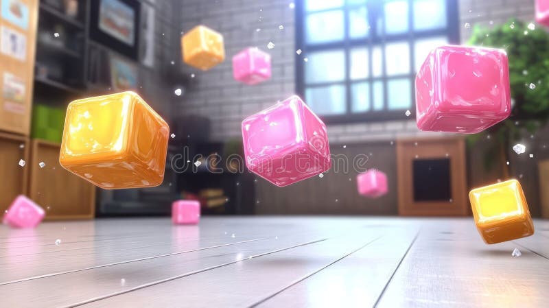Floating Glossy Cubes in Modern Interior, Abstract 3D Render Stock ...