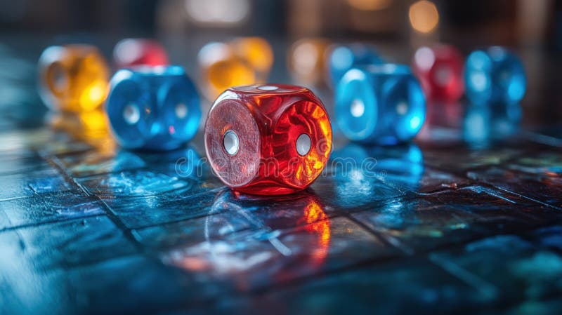 Colorful Translucent Dice on a Reflective Surface Stock Illustration - Illustration of dice ...