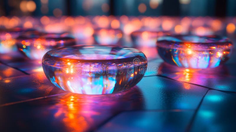 Colorful Translucent Disks Illuminated with Bright Lights Arranged on a ...