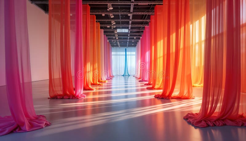 Colorful Translucent Fabric Installation in Gallery Space. Sunlight ...
