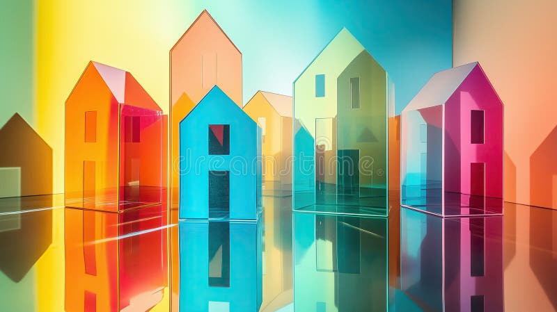 Colorful Translucent House Models on Reflective Surface Stock ...