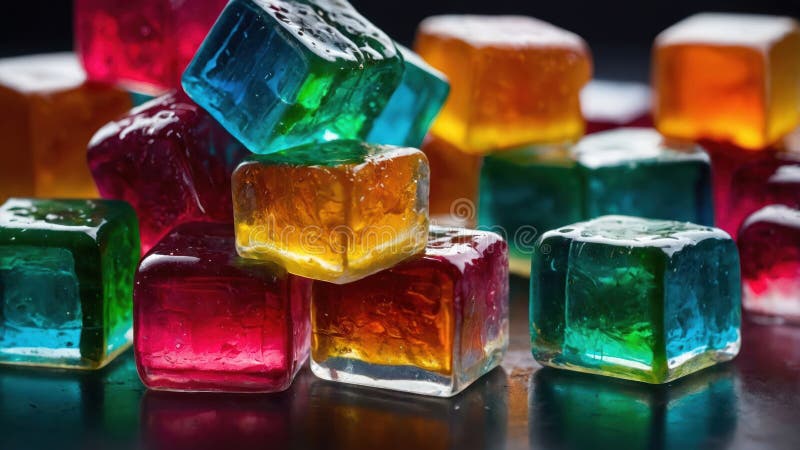 Colorful Translucent Jelly Cubes Stacked Artistically on a Reflective ...