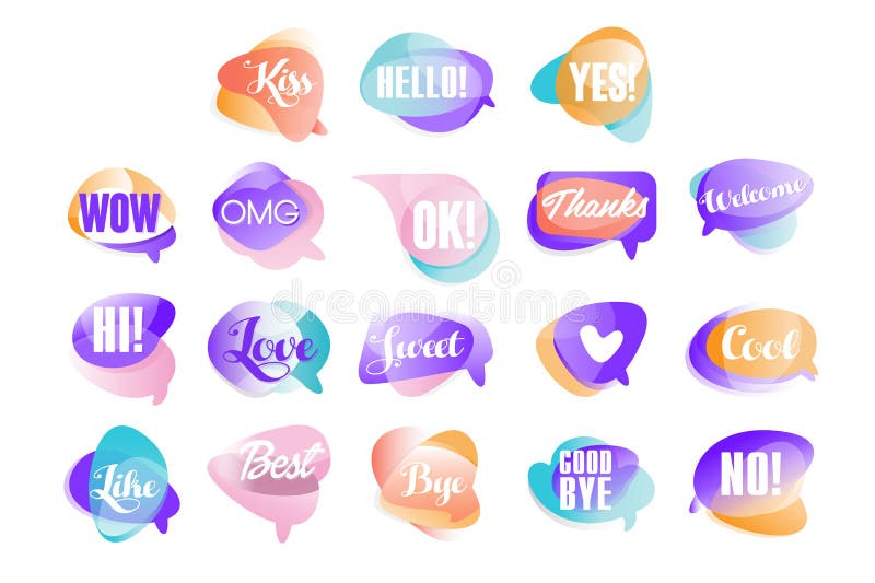 Colorful Transparent Speech Bubbles with Short Phrases Set of Vector ... Colorful Transparent Speech Bubbles with Short Phrases Set of Vector ...