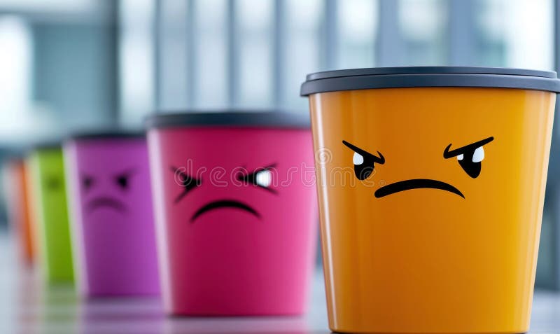 Colorful Trash Bins with Angry Faces Stock Illustration - Illustration ...