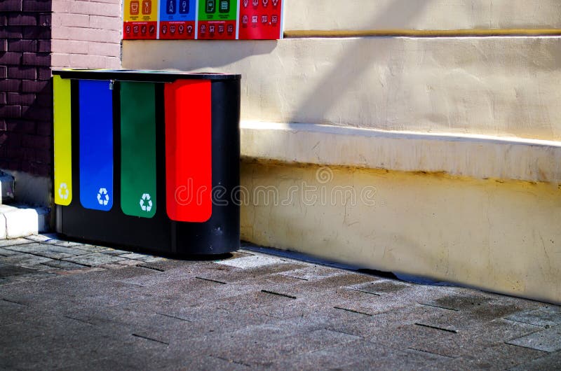 Colorful trash bins. stock photo. Image of dustbin, blue - 158244984