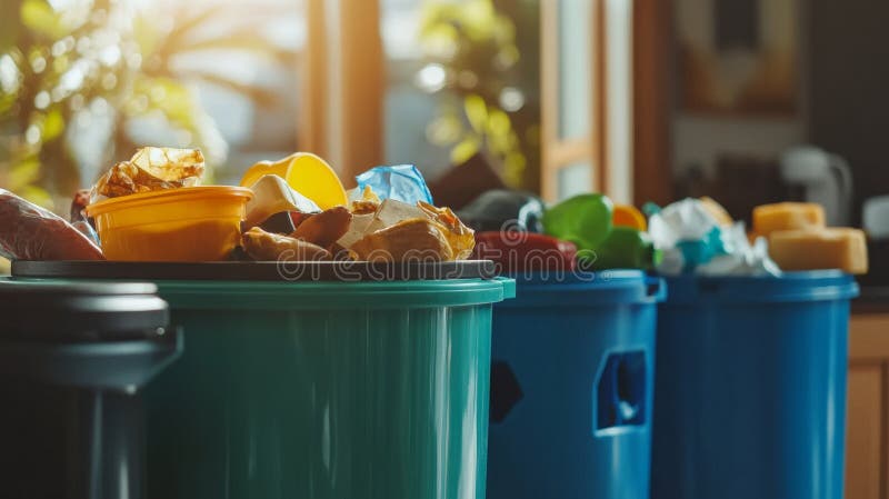 Colorful Trash Bins Filled with Waste in Bright Indoor Environment ...