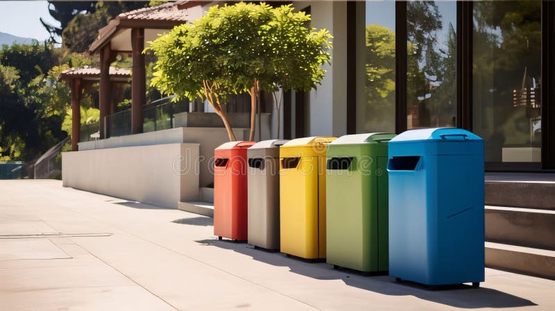 Colorful Trash Bins in Front of a Modern Building with Trees Stock ...