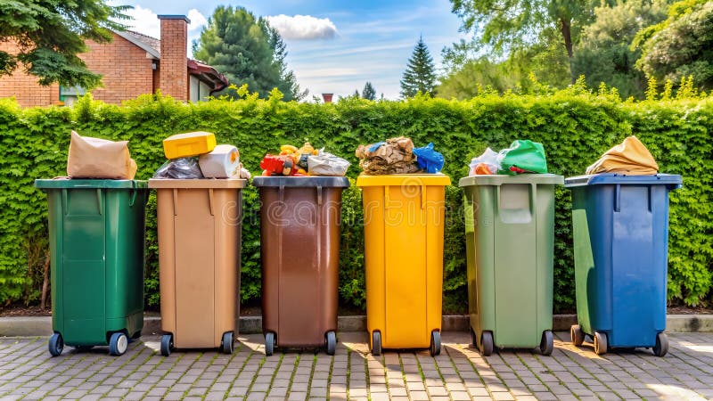 Colorful Trash Bins in the Garden. Garbage Collection Concept Stock ...