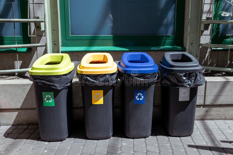 Colorful Trash Cans for Sorting Garbage. for Plastic, Glass, Paper and ... Colorful Trash Cans for Sorting Garbage. for Plastic, Glass, Paper and ...