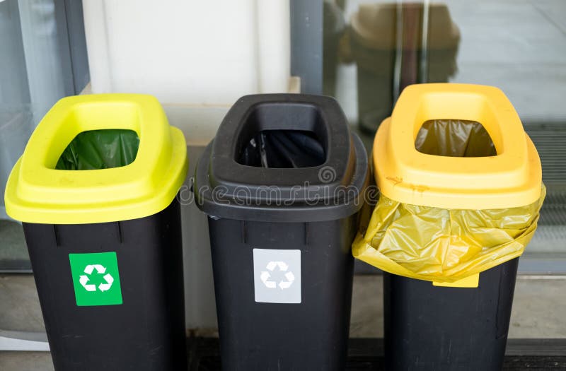 Colorful Trash Cans for Sorting Garbage. for Plastic, Glass, Paper and ... Colorful Trash Cans for Sorting Garbage. for Plastic, Glass, Paper and ...