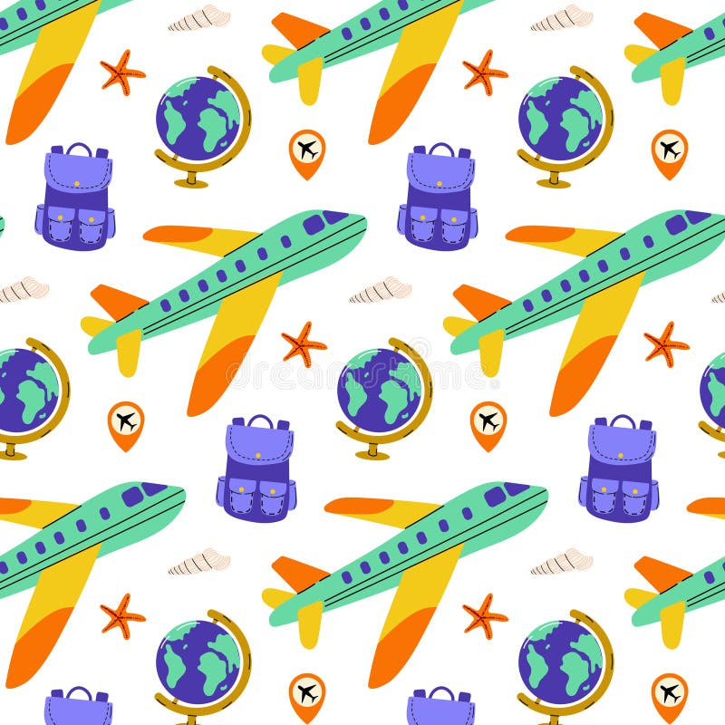Colorful Travel-themed Patterns Featuring Airplanes, Globes, and ...