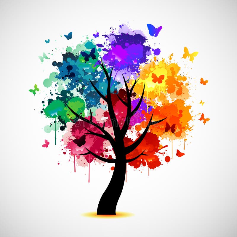 Colorful Tree Background with Paint Splat and Butterflies Stock Vector ...