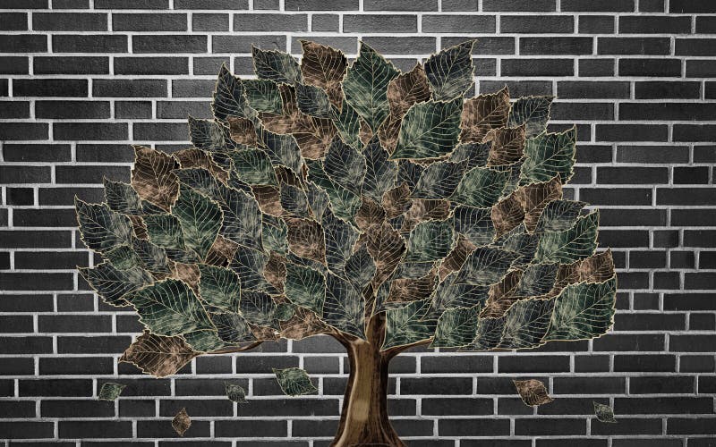 Colorful Tree in Black Wall Bricks Background for Wall Decor. 3d Mural ...