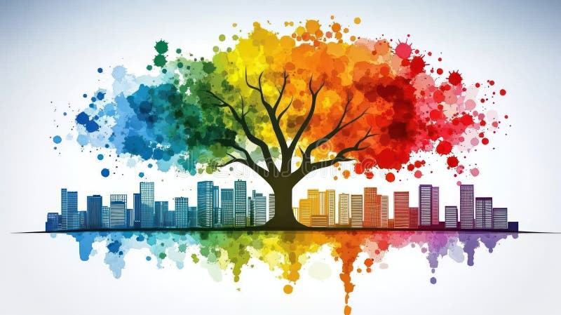 Colorful Tree with City Skyline and Reflection Stock Illustration ...