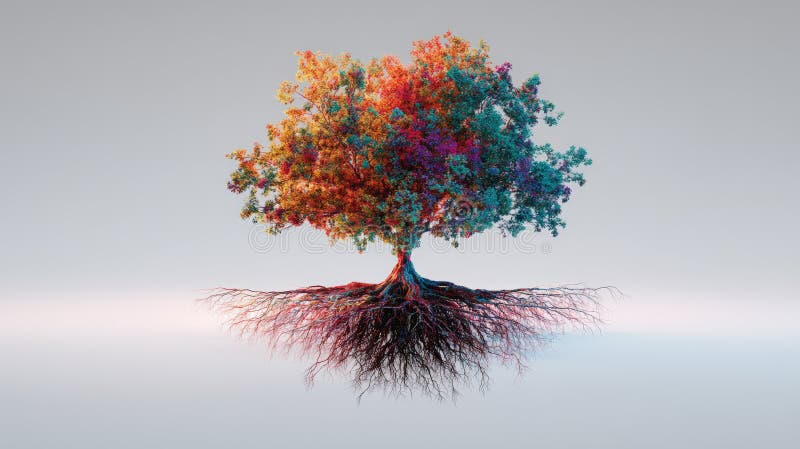 Colorful Tree with Exposed Roots on Gradient Background Stock ...