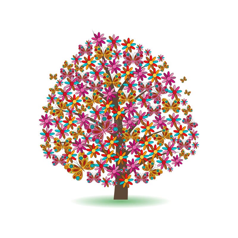 Colorful Tree with Flowers and Butterflies Stock Illustration ...