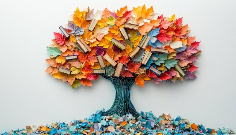 Colorful Tree of Knowledge Growing from Books and Paper on White ...