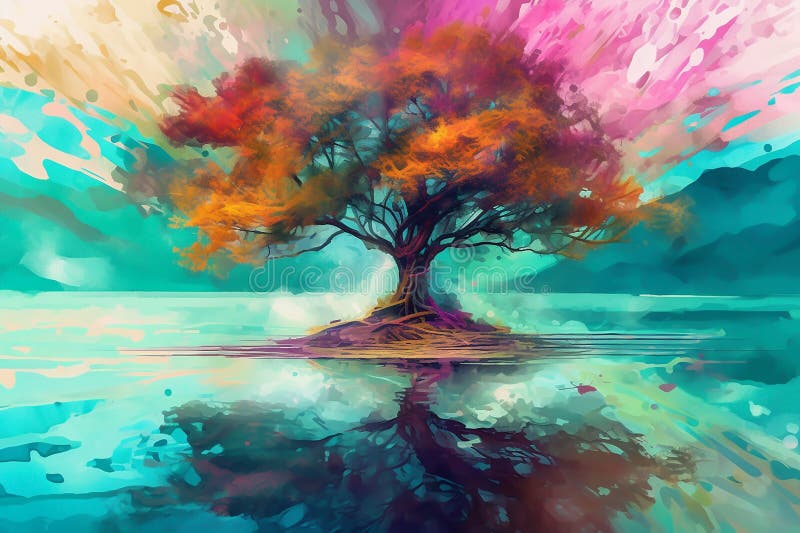 Colorful Tree in the Lake, Digital Painting 3, Generative Ai Stock ...