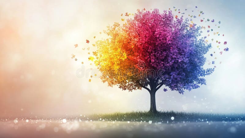 Colorful Tree with Leaves Falling in a Magical Light Stock Photo ...