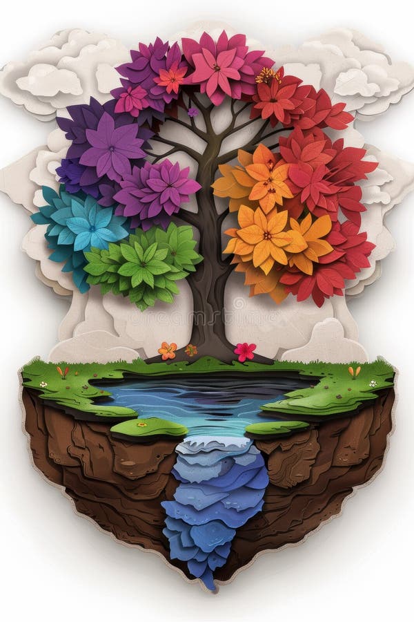 Colorful Tree of Life with Flowing River Stock Illustration ...