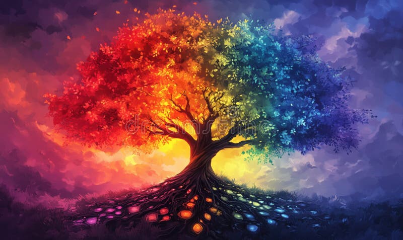 Colorful Tree Life Vibrant Rainbow Leaves Glowing Roots Stock Photos ...