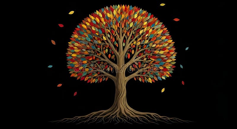 Colorful Tree Losing Its Leaves on a Black Background Stock ...