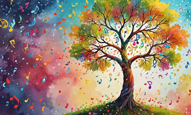 Colorful Tree with Music Notes Flying Around it Stock Illustration ...