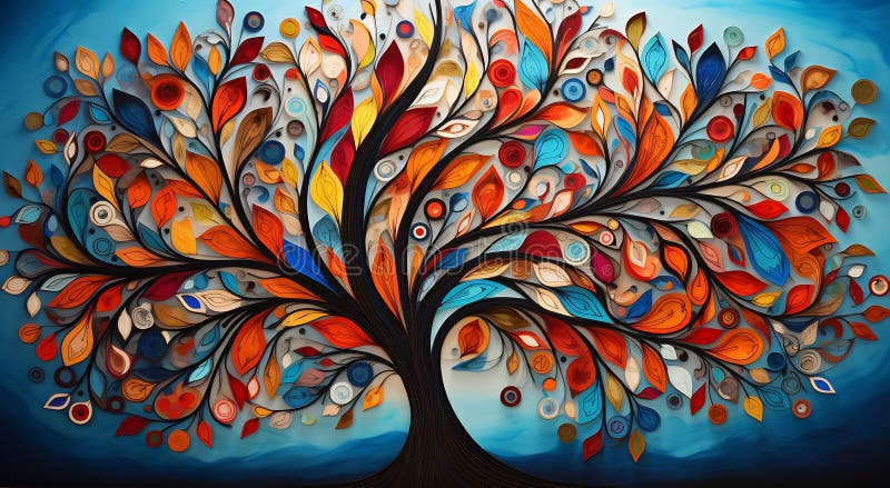 Colorful Tree Painting on Blue Background Stock Image - Image of ...