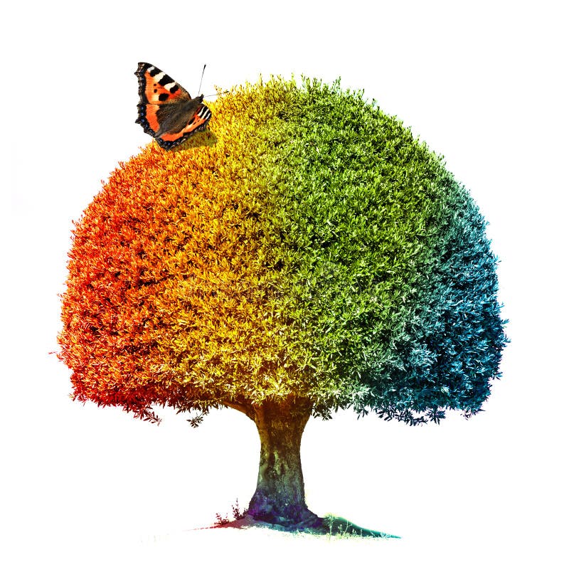 Colorful Tree in Rainbow Colors with Butterly Sitting on Top Stock ...