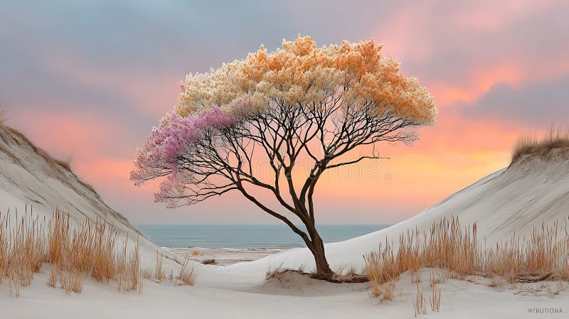 Colorful Tree on Sandy Beach at Sunset Stock Illustration ...