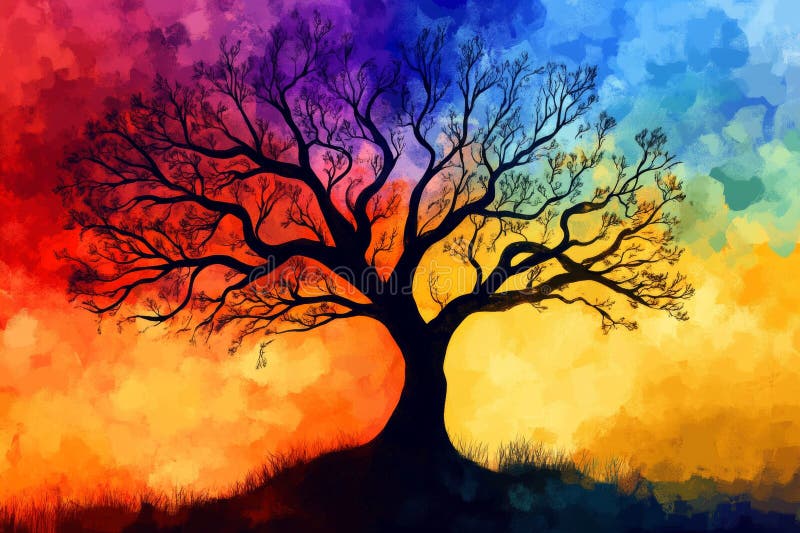Colorful Tree Silhouette Against a Vibrant Sky Stock Illustration ...