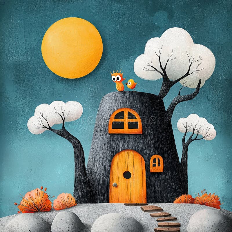 Colorful Treehouse with Birds and Sun Stock Illustration - Illustration ...