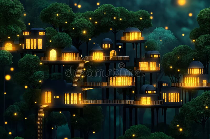 Colorful Treehouses Illuminated at Night within Dense Forest. Magical ...