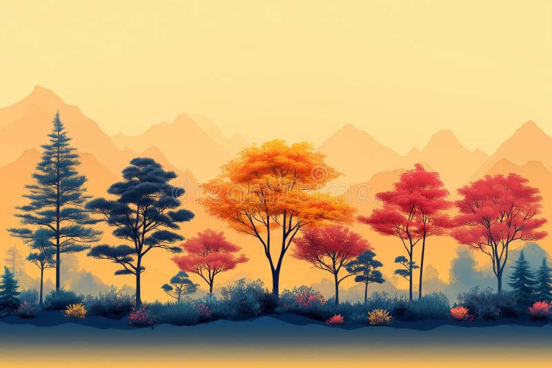 Colorful Trees in Front of Mountain Range, Cartoon Illustration ...