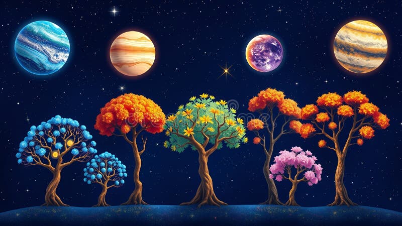 Colorful Trees and Planets Against a Starry Night Sky Stock ...