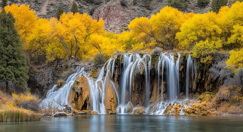 Colorful Trees and Rocks Surround a Waterfall Flowing in an Autumn ...
