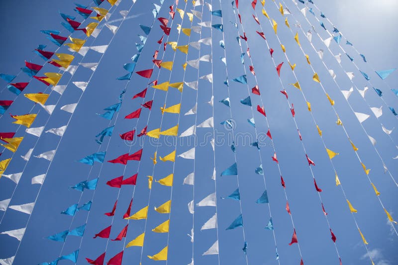 Colorful Triangle Flag Waving Unde Blue Sky Stock Illustration ...