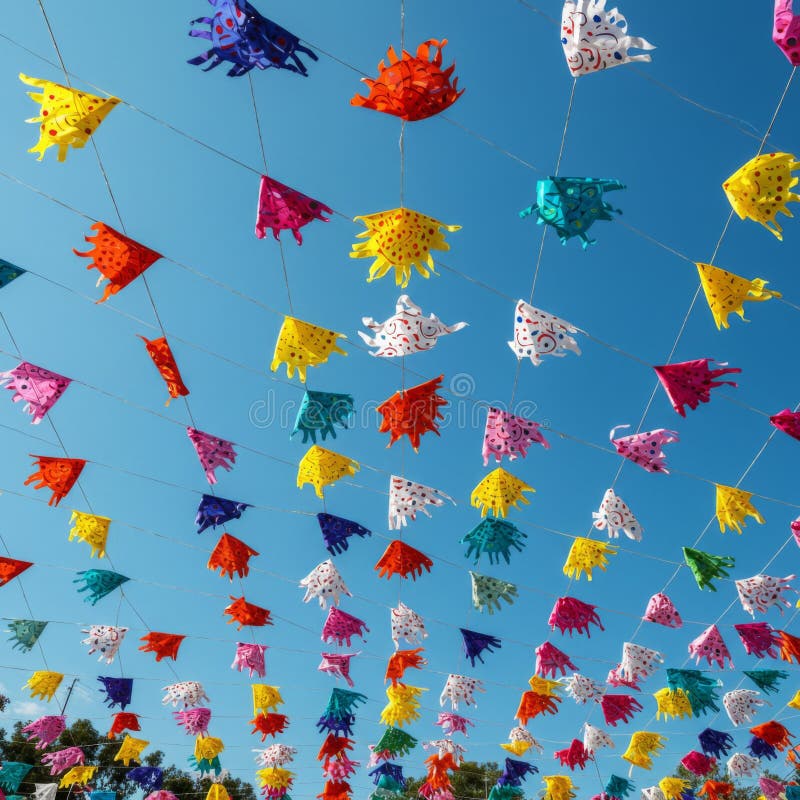 Colorful Triangle Flags Hanging in Blue Sky Stock Illustration ...