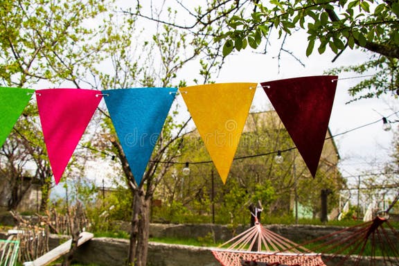 Colorful Triangle Flags Hanging on a Rope Stock Image - Image of ...