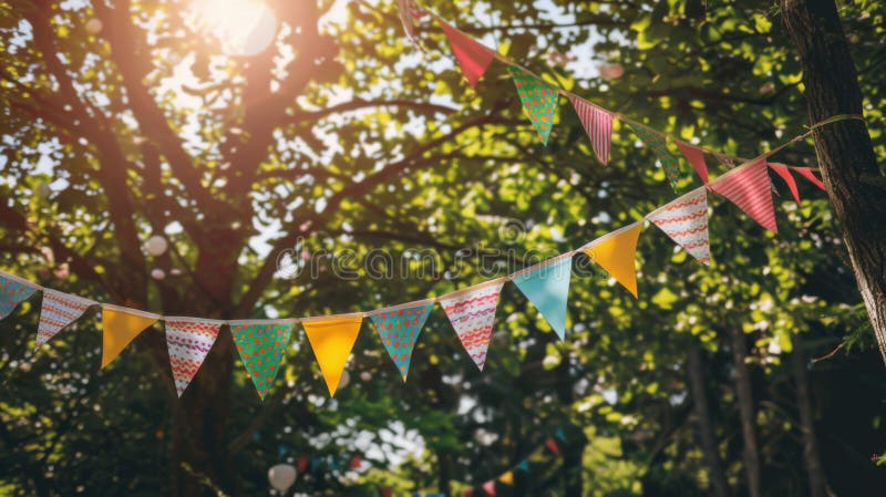 Colorful Triangle Flags Hanging in a Tree Stock Photo - Image of flag ...