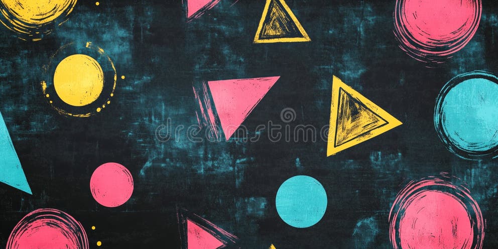 Colorful Triangles and Circles Dance on a Grunge Black Backdrop in a ...