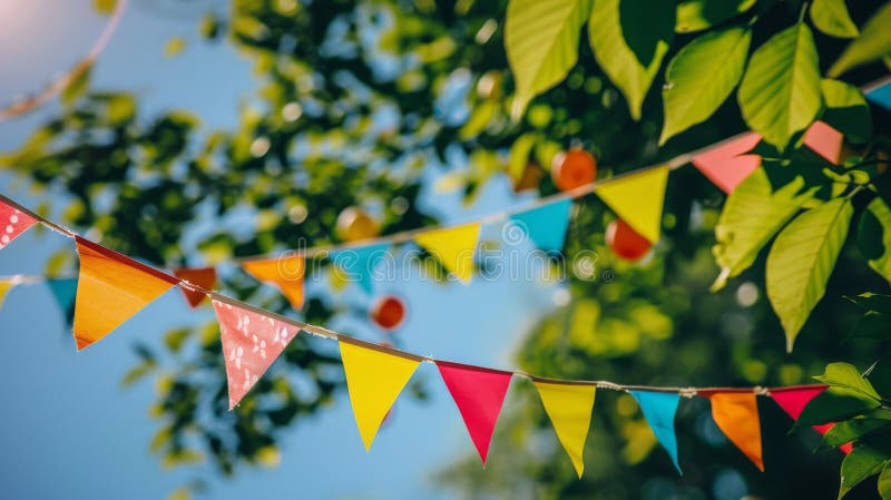 Colorful Triangular Flags Hanging in a Green Tree Stock Illustration ...