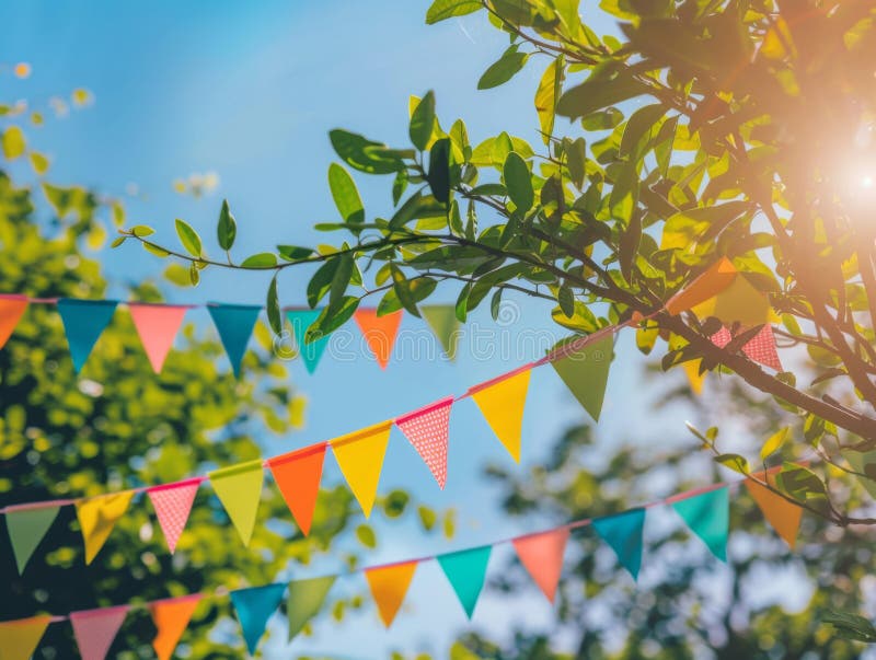 Colorful Triangular Flags Hanging from Tree Branch Against Sunny Blue ...