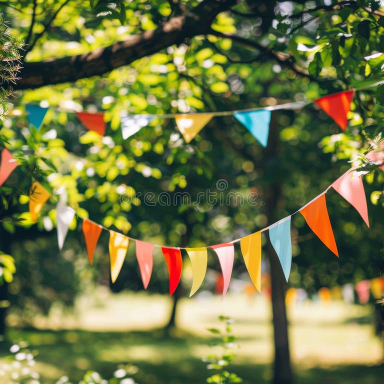 Colorful Triangular Flags Hanging from Tree Branch Stock Illustration ...
